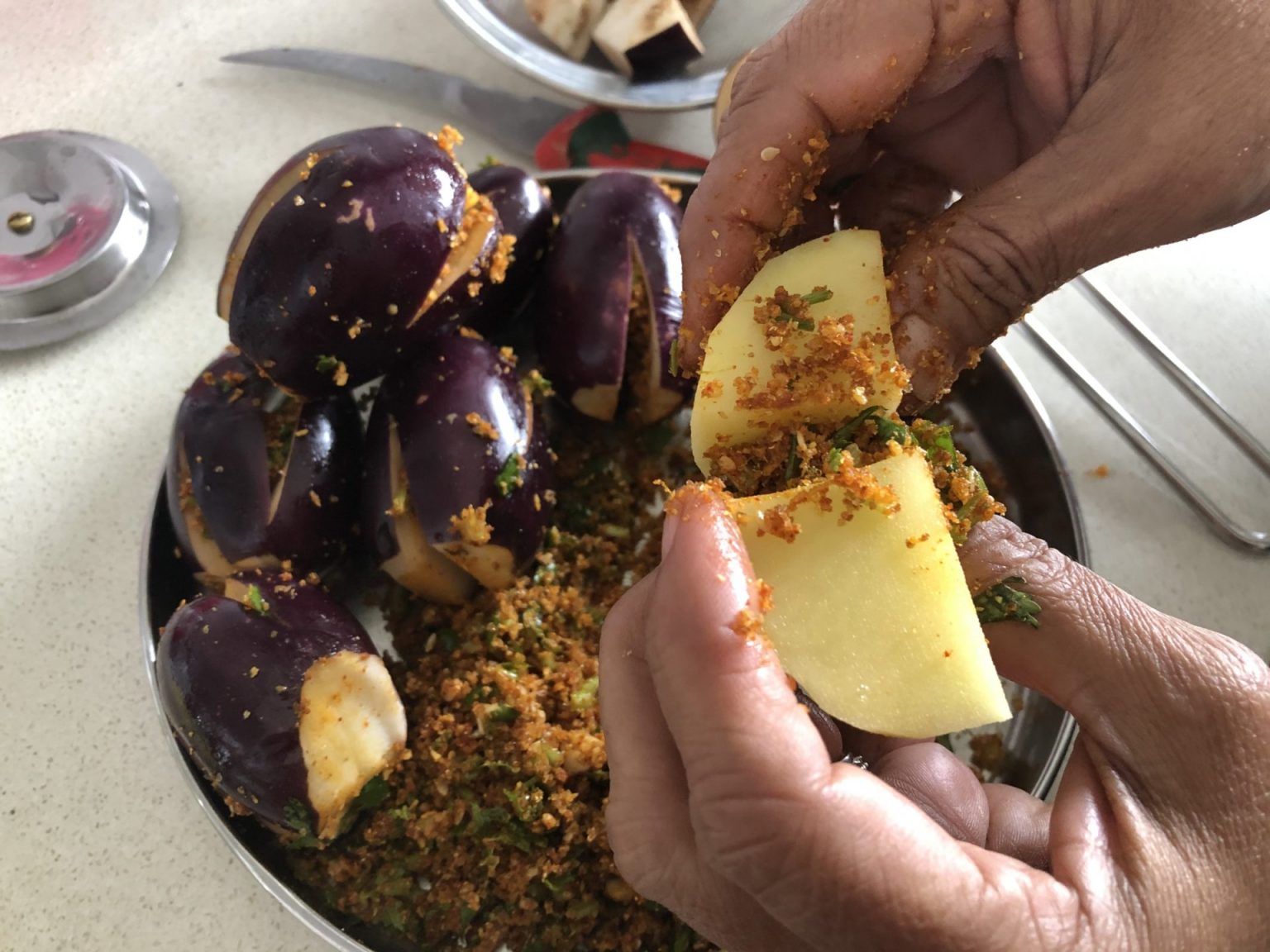 Bharela Ringan Batata Nu Shaak Stuffed Eggplant Potato Curry Pepkitchen Bharela Ringan Batata Nu Shaak Stuffed Eggplant Potato Curry Pepkitchen
